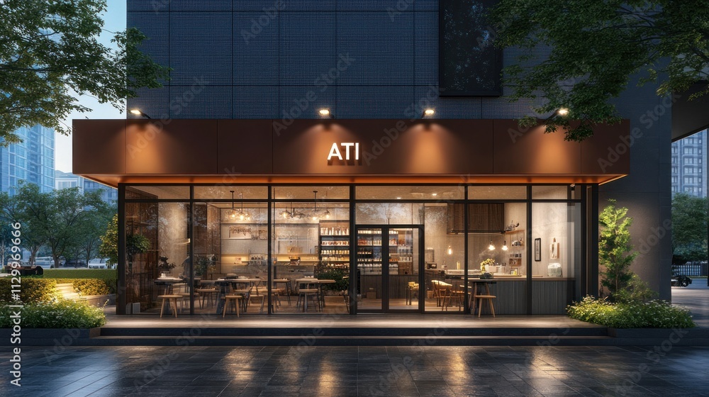 Facade of the modern single-story store with the name "ATI". The store ...