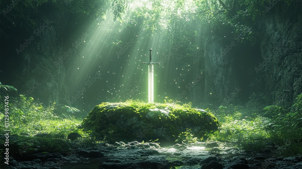 Glowing Sword in Forest Stone Scene Excalibur Legend Medieval Fantasy ...