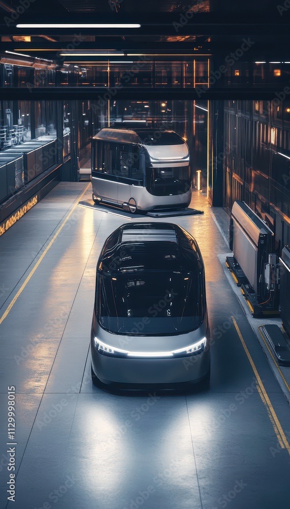 Electric vehicles loading at a futuristic logistics center ...