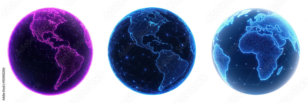 Three glowing globes represent different views of Earth, each ...