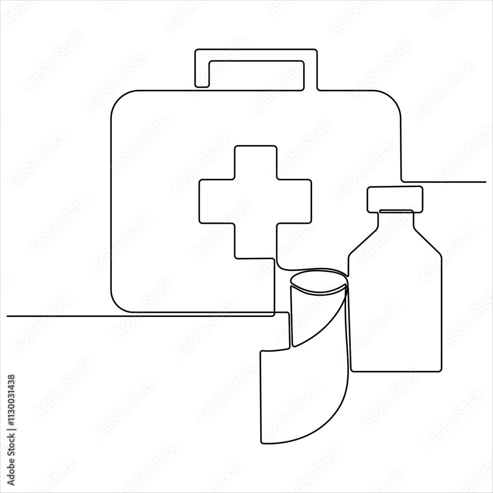 Continuous single line drawing of first aid kit box medical kit bag ...