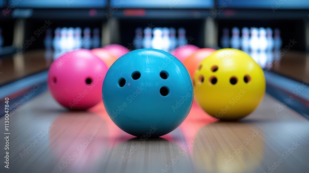 A lineup of neon bowling balls in unique futuristic shapes, each ...