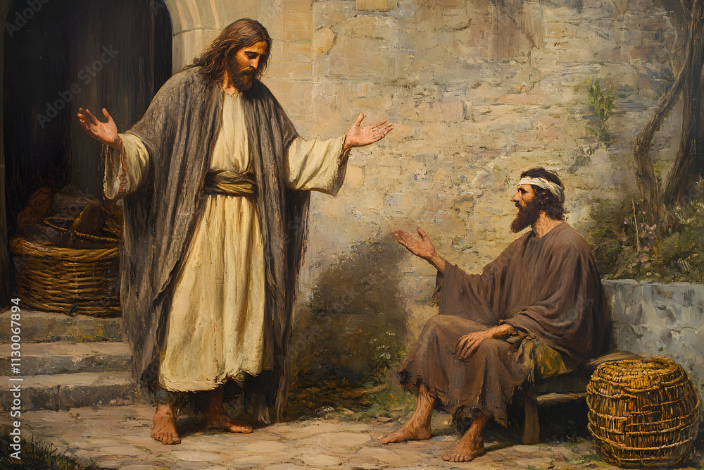 Jesus offering guidance to a man seated outdoors, biblical scene of ...
