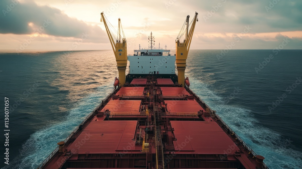 The stern of a cargo ship, with large cranes visible on the deck and ...