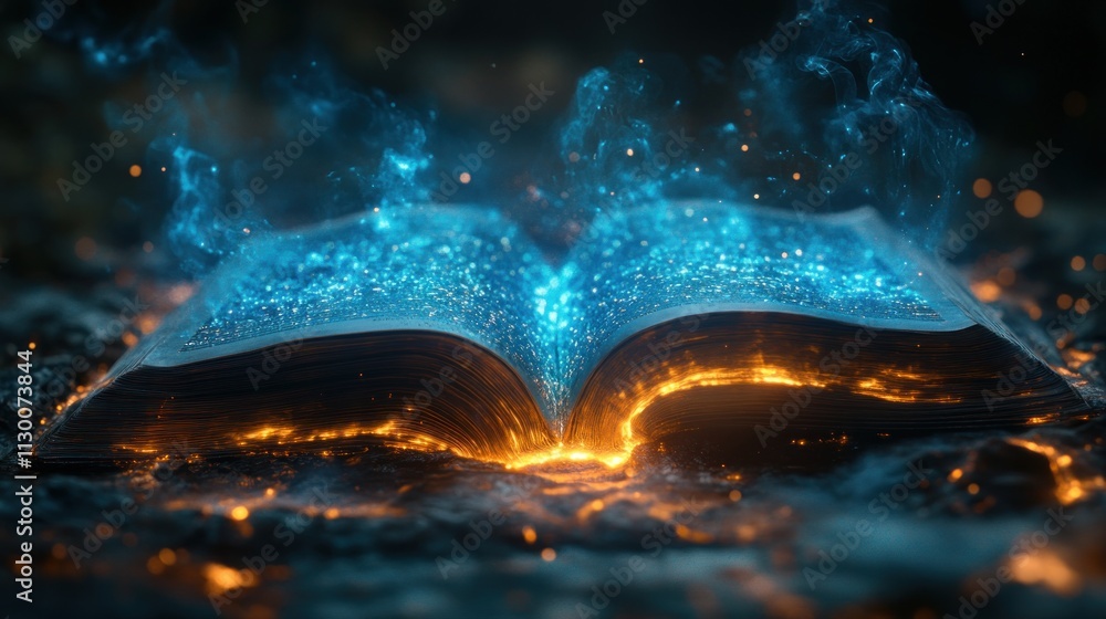 Magical Open Book Glowing Blue Particles in Dark Futuristic Setting Digital Surrealism Stock ...