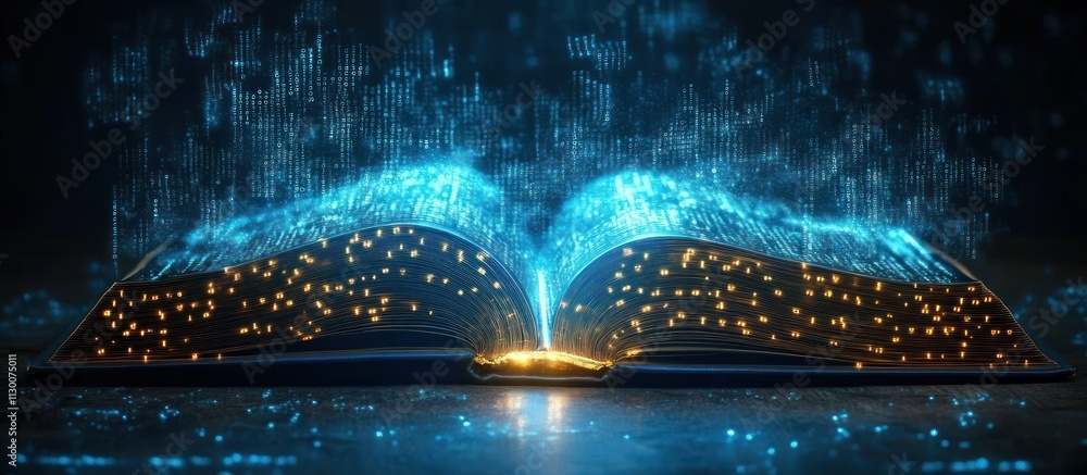 Futuristic Open Book with Glowing Binary Code and Holographic Symbols for Digital Learning Stock ...