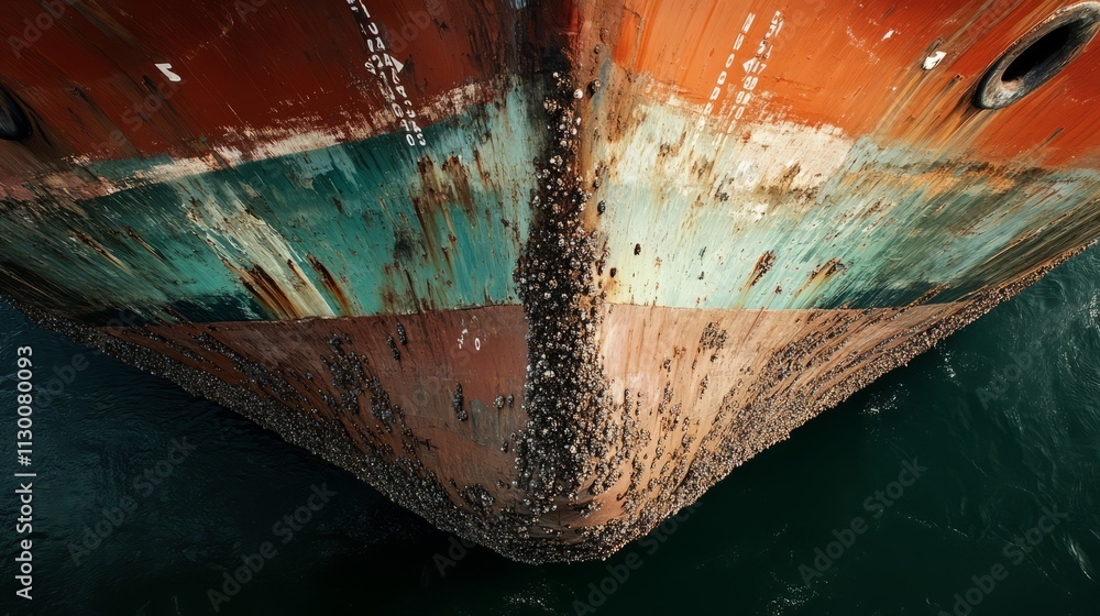 The underside of a cargo ship's hull, with barnacles and rust visible ...