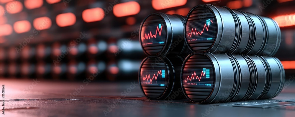Oil petroleum concept. Futuristic barrels displaying digital data and ...