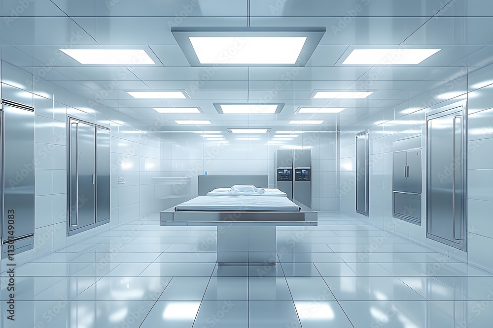 Modern hospital morgue interior, focusing on themes of death, autopsy ...