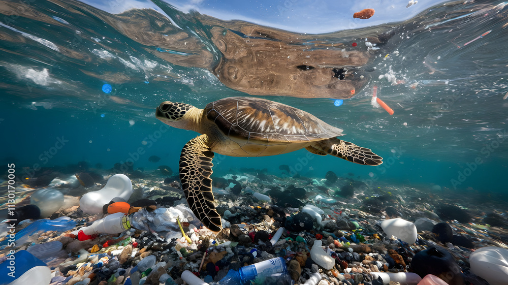 powerful image of a sea turtle swimming through a sea of plastic debris ...