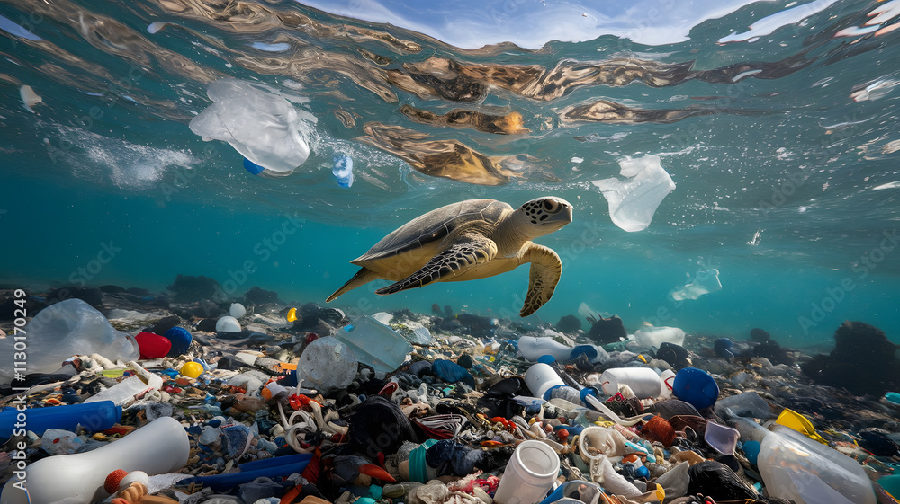 powerful image of a sea turtle swimming through a sea of plastic debris ...