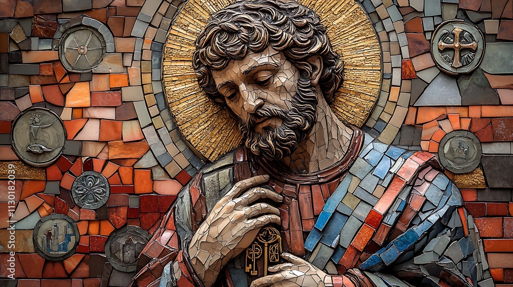 Mosaic scene of Saint Peter holding the keys of heaven close to his ...
