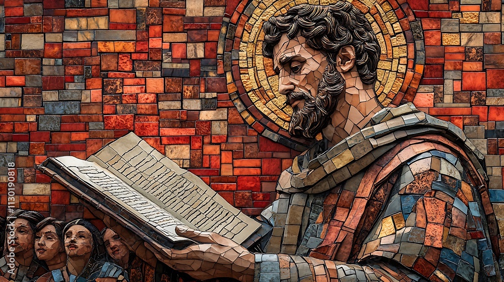 Saint Augustine mosaic, depicted teaching with a scroll unfurled ...