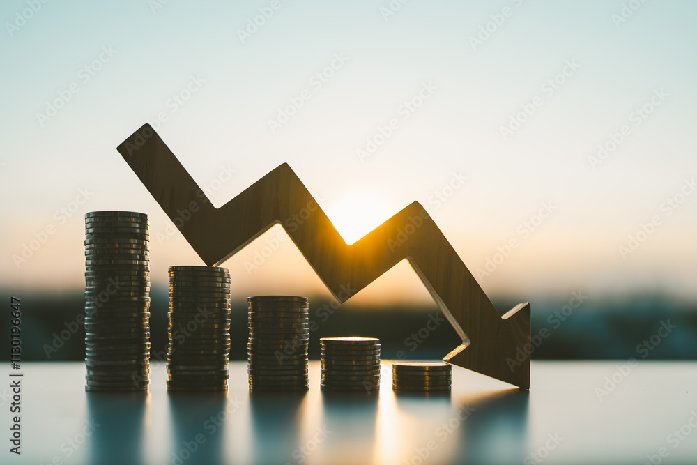 Down arrow with coin stack. concepts for success, methods, systems of raising or lowering Fed ...