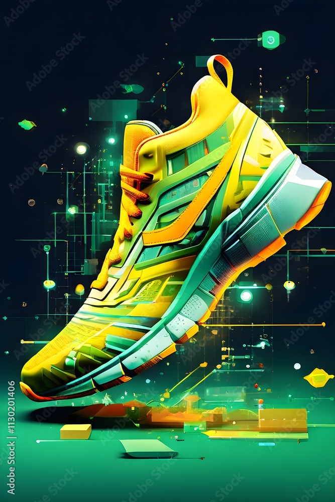 running shoe, breaking into pixels and data points, morphing into a ...