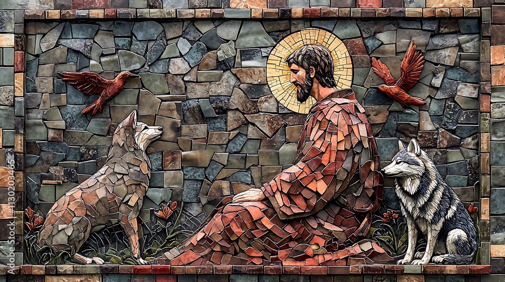 Saint Francis of Assisi depicted in mosaic art, kneeling with a gentle ...