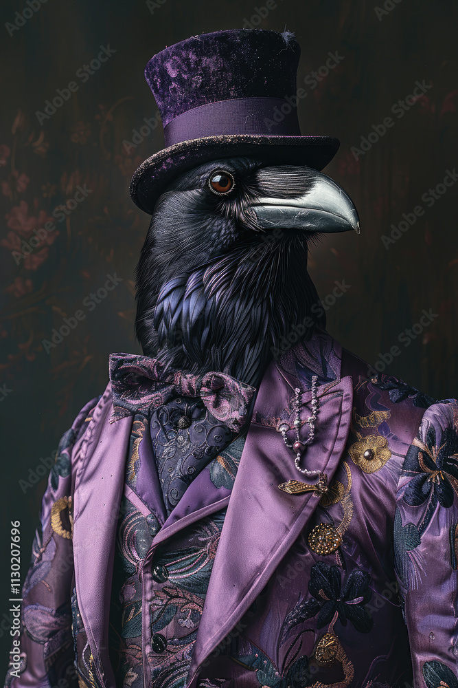 black raven wearing a purple suit and top hat Stock Illustration ...