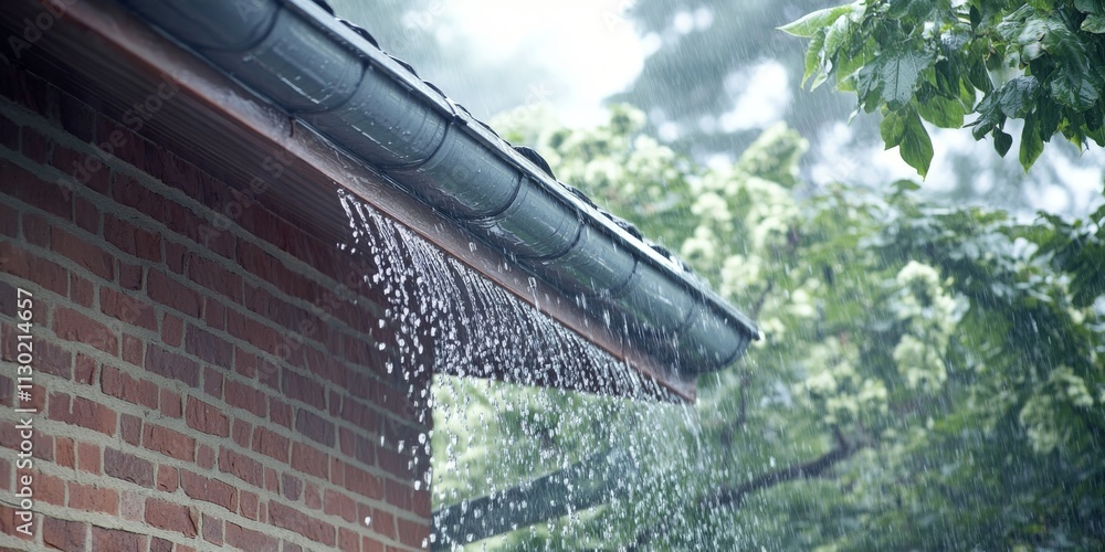 Heavy rain cascading on the roof and metal gutter of a brick house ...