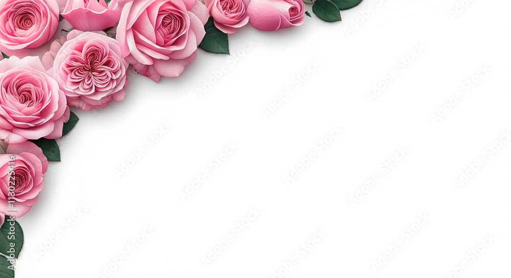 Pink rose flower border isolated on white background cutout. Banner ...