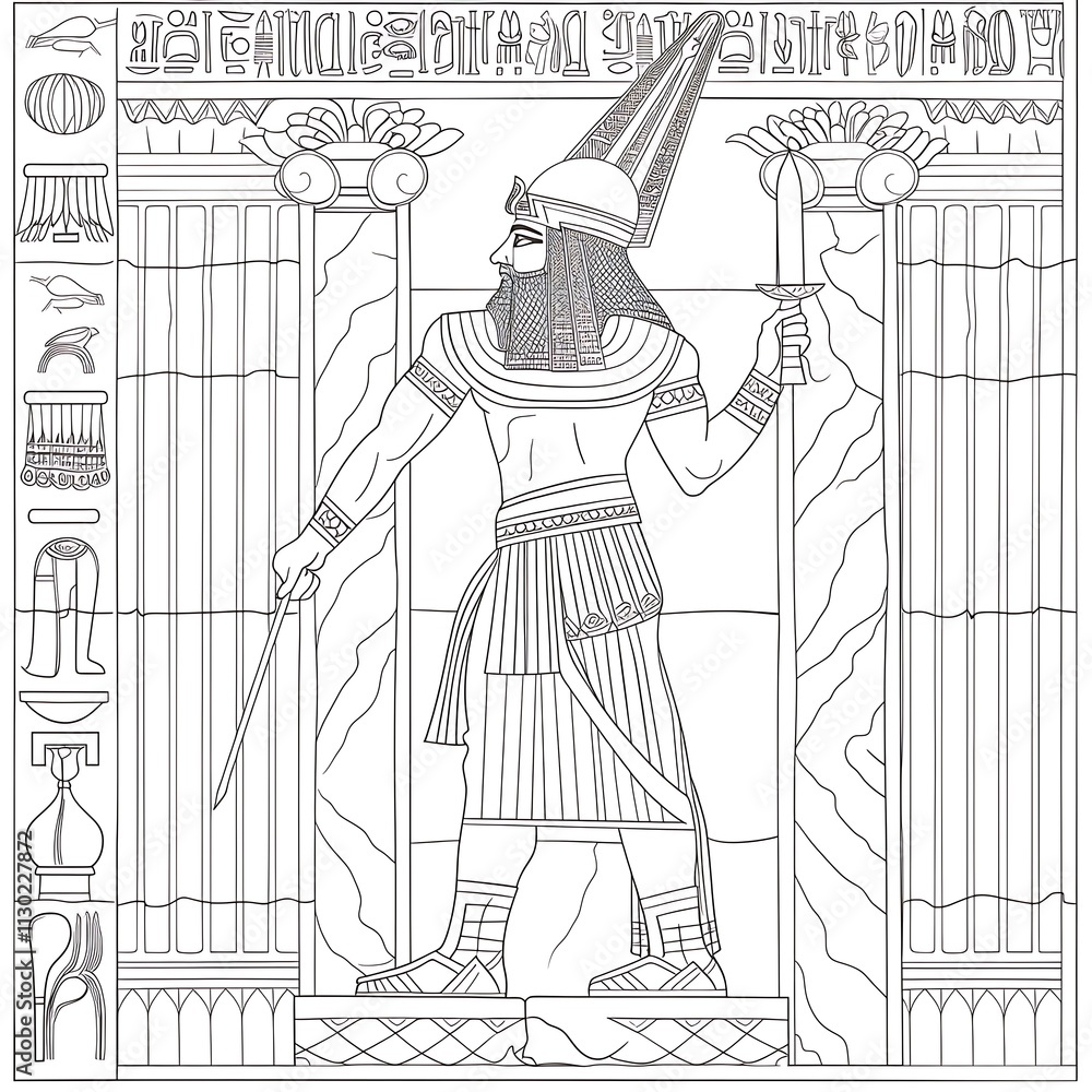 Ancient warrior standing with staff mesopotamia line art historical ...
