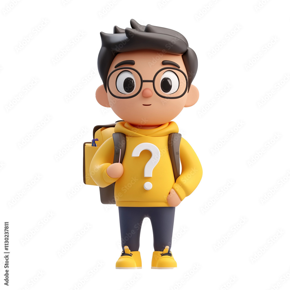 Curious cartoon boy with backpack, books, and question marks isolated ...