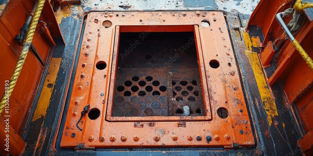 Escape hatch from an engine room located on the deck of a construction ...