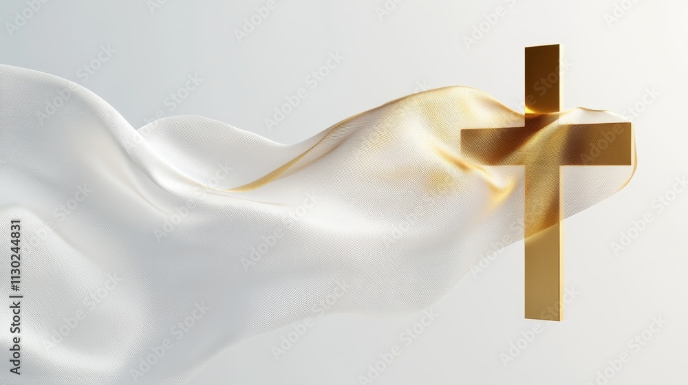 Waving satin with golden Christian Cross on liturgic white copy space ...