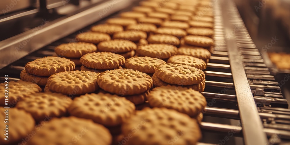 Biscuits moving along a conveyor belt in a factory setting highlight ...