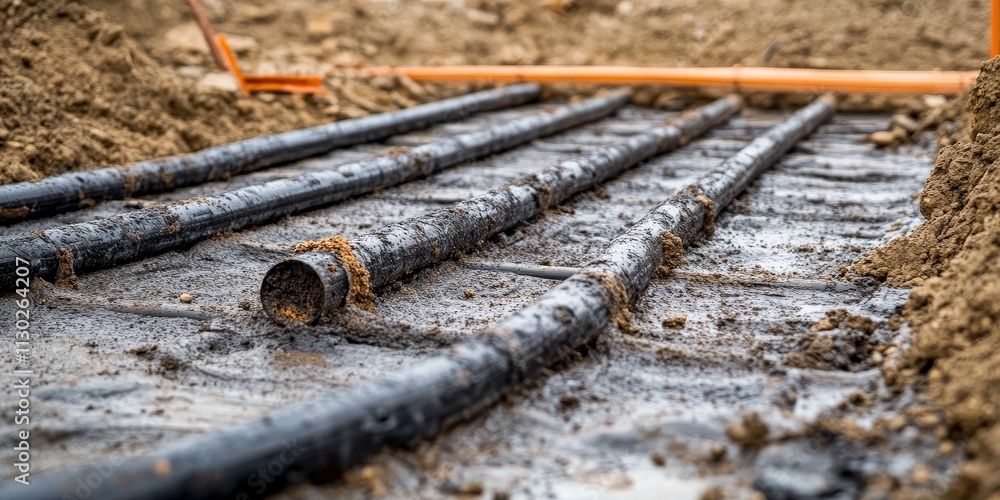 Installation of pipes for floor heating systems at a residential ...