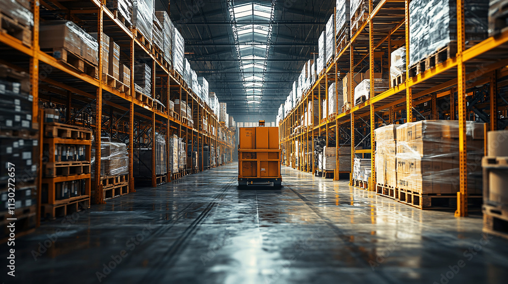 Warehouse with boxes. Logistics center. Storage area of industrial ...