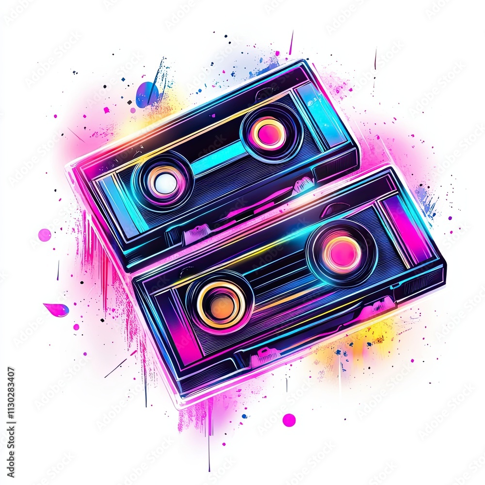 Retro VHS Tapes in Neon Splatter: Two vibrant VHS videotapes float ...