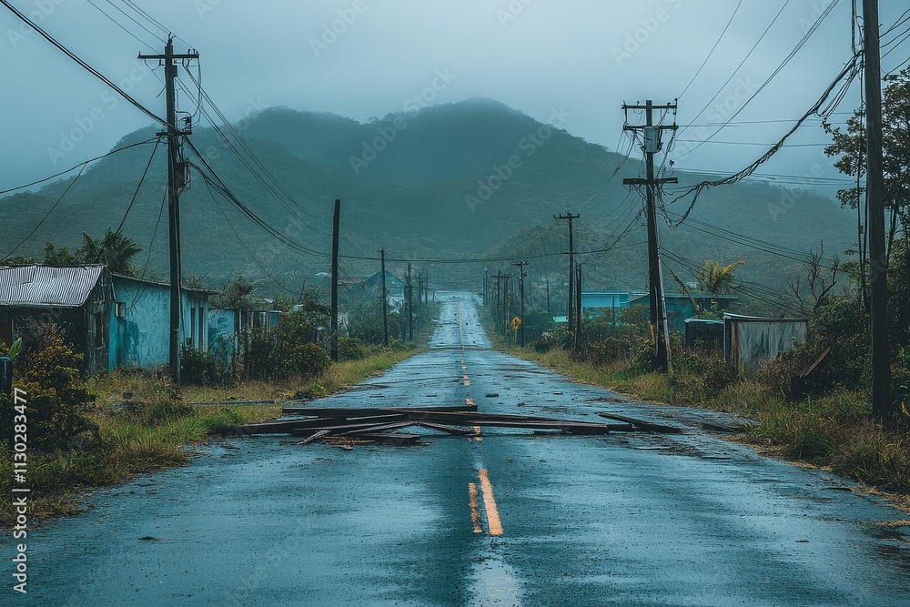 Street view in San Luis with fallen wooden telephone poles, cracked in ...