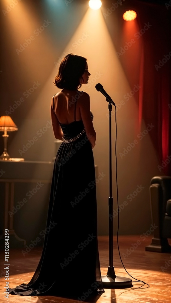 Singer in a long elegant black dress stands at the microphone ...