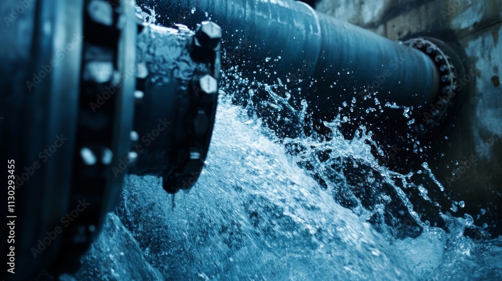 Industrial water pipeline system, turbulent flowing water splashing ...