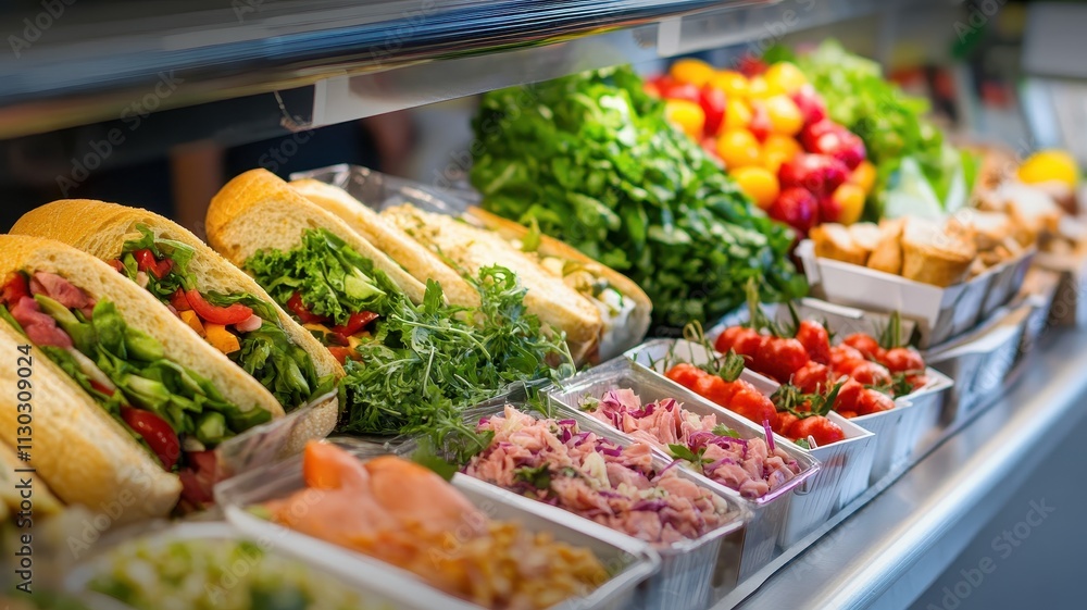 Vibrant deli counter filled with an array of fresh meats, cheeses, and ...