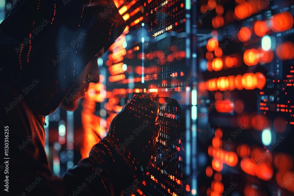 Hacker breaking into security network system stealing user personal data and financial ...