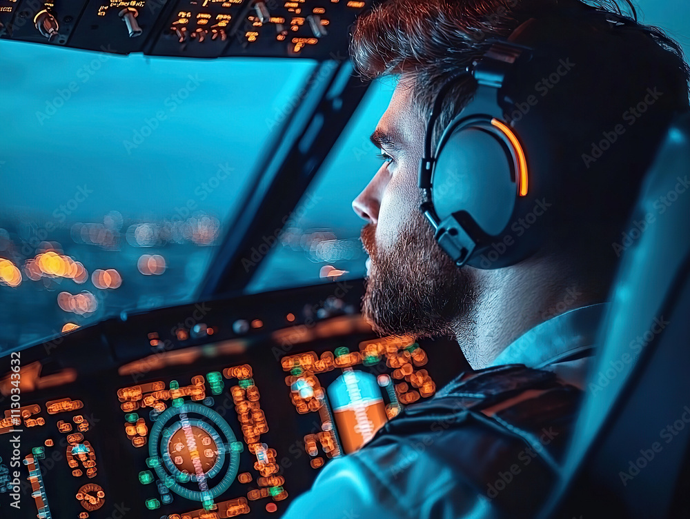 Pilot in cockpit using flight simulator with cityscape view, showcasing ...