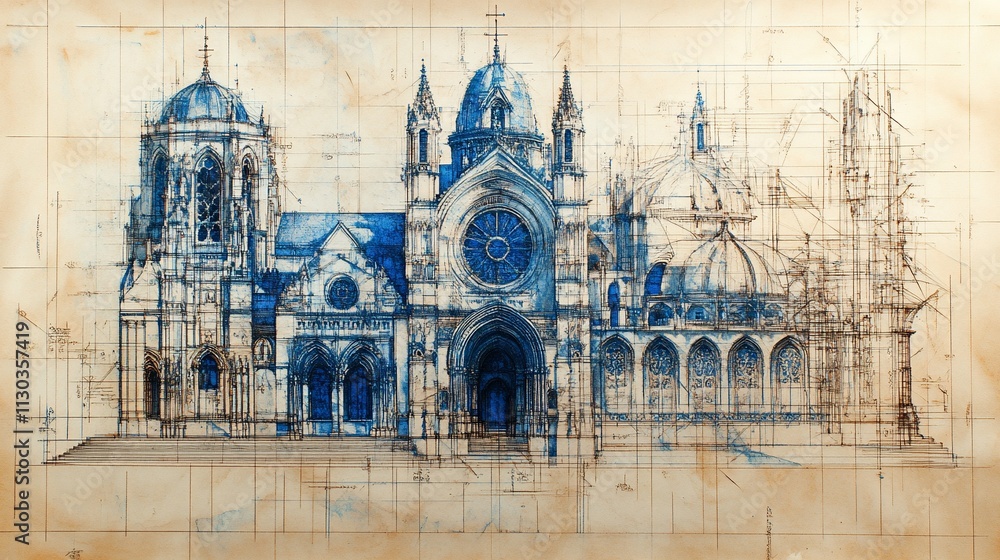 Architectural sketch of a cathedral facade, rendered in blue ink on ...