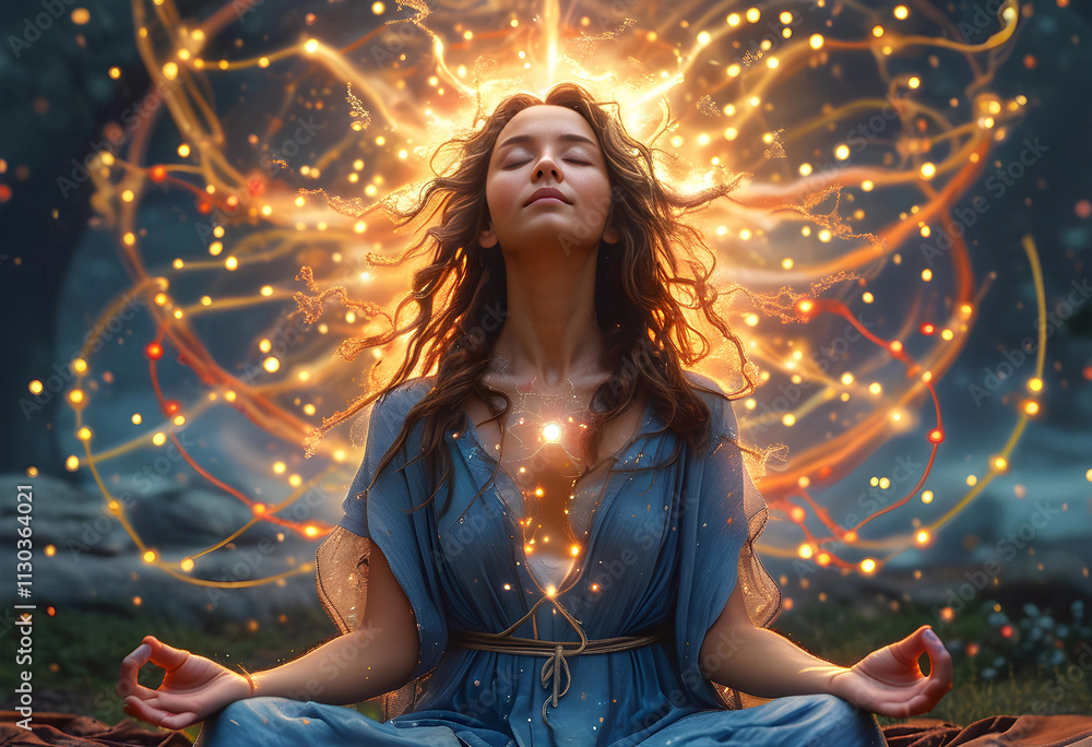 Woman on nature in meditation experiencing magic moment, activation ...