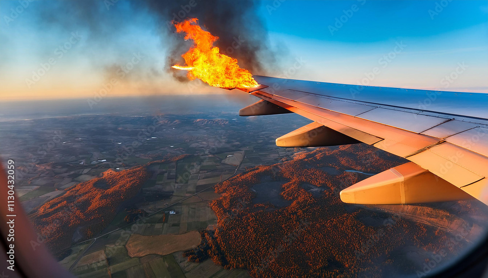 An airplane wing is engulfed in flames during flight, with thick smoke ...