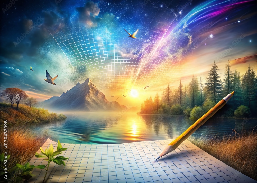 Surreal Composition of a Graph Paper and Pencil Merging with Dreamlike ...