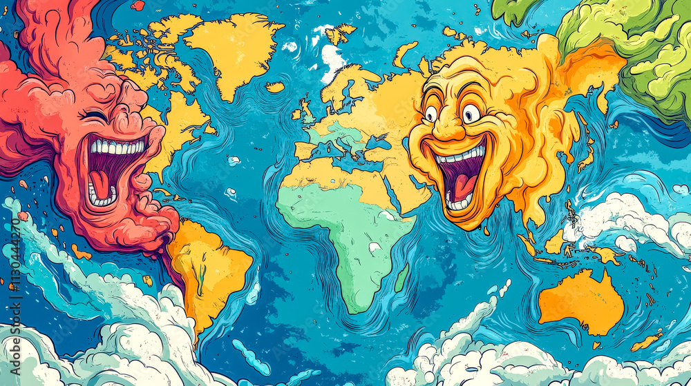 World map with continents as cartoon faces showing emotions Stock ...
