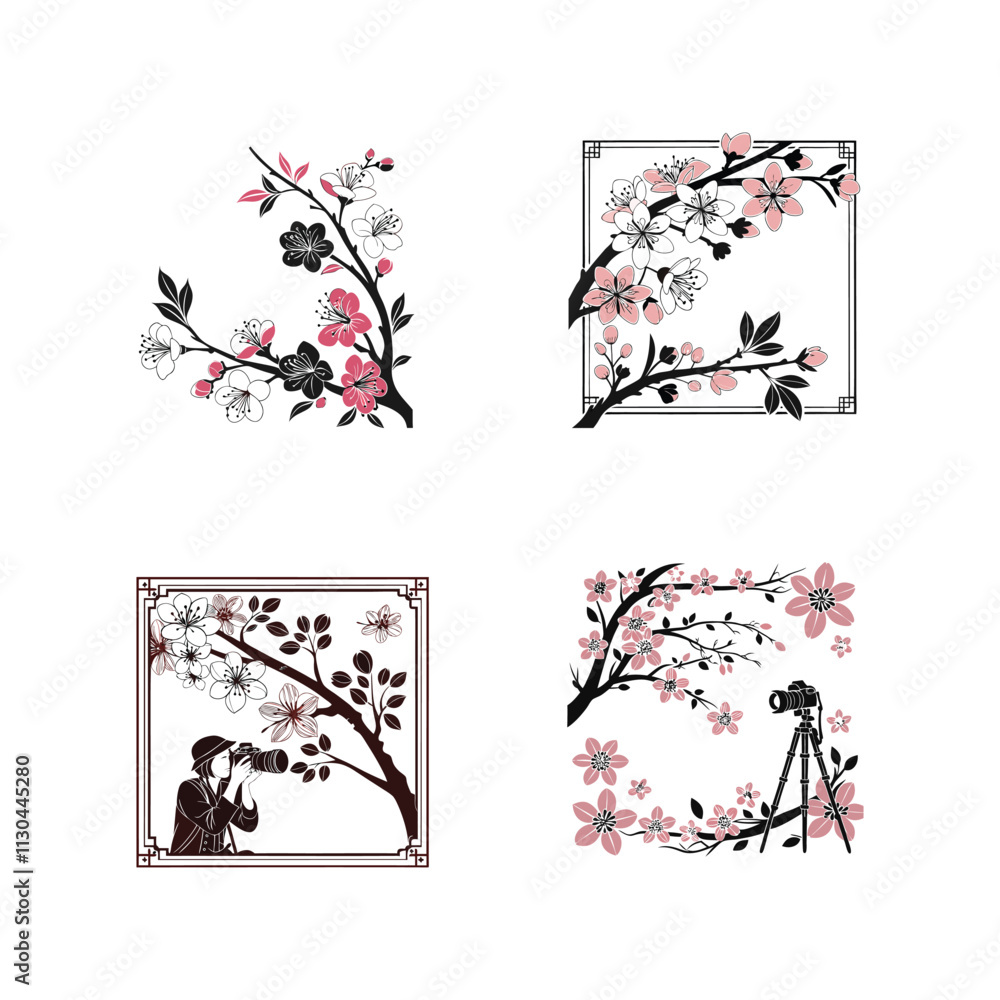 Elegant Chinese-inspired pink and black flowers frame artwork, perfect ...
