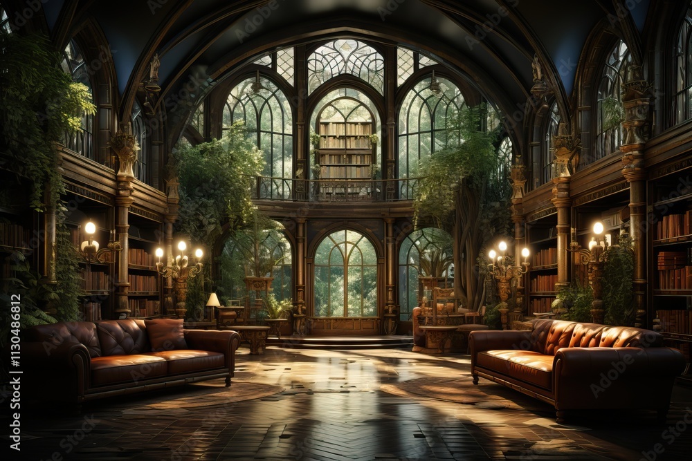 Beautiful library architecture with giant bookshelves, epic interior ...