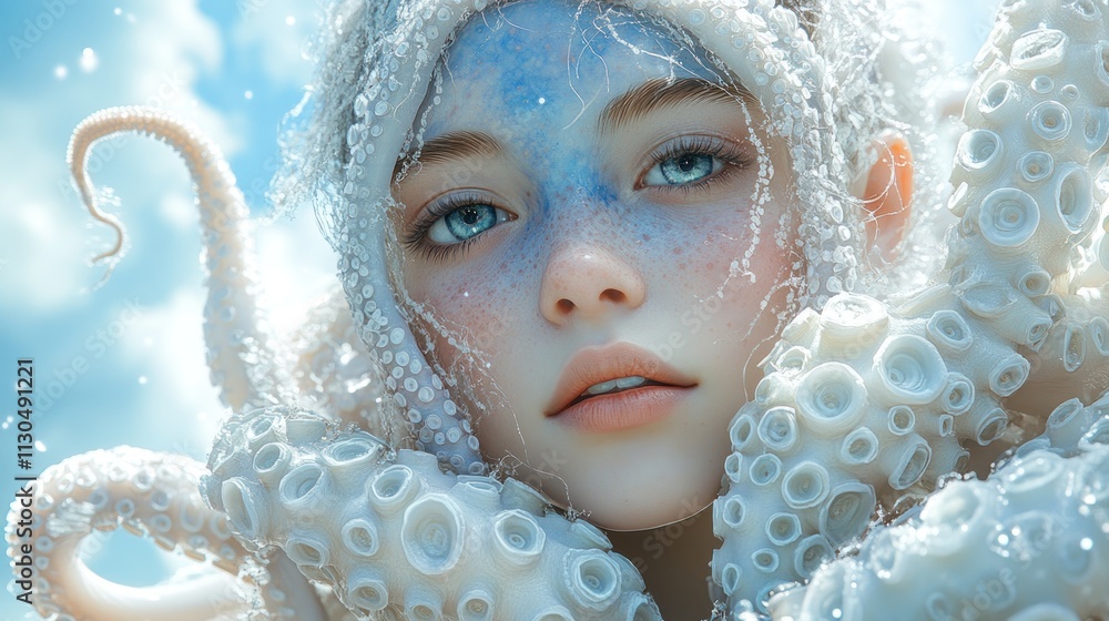 Close-up portrait of a girl with octopus tentacles surrounding her face ...