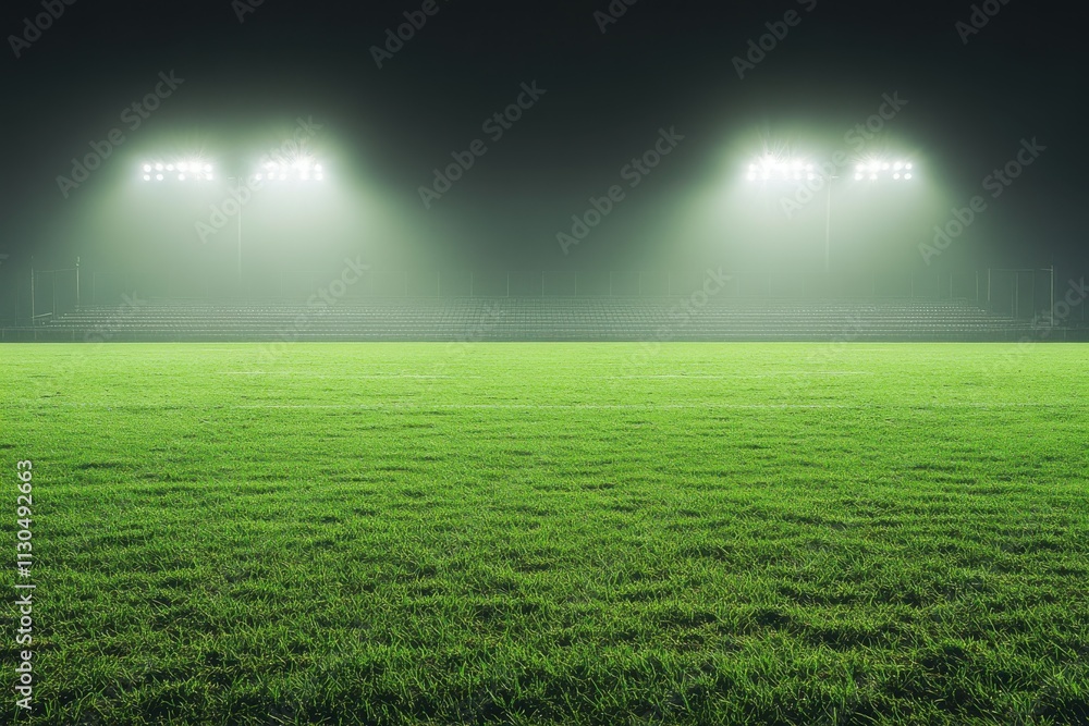 Football field at night, illuminated stadium lights empty bleachers ...