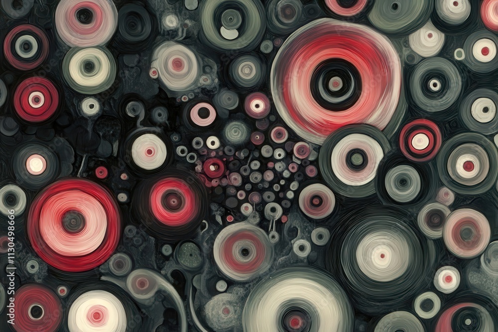 Dense, overlapping circles of black and gray with harsh red highlights ...