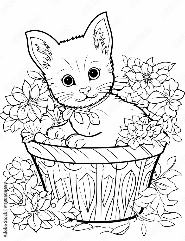 Coloring page of a cute cat in basket. Pets care. World cat day ...