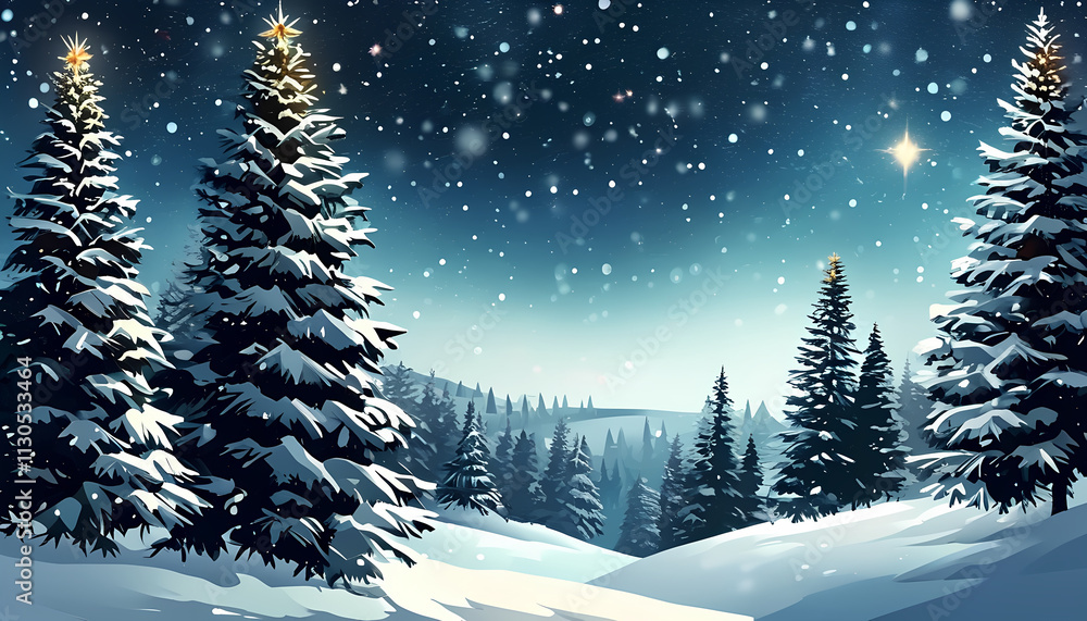 Christmas banner. Beautiful night scene with fir trees. Winter card ...