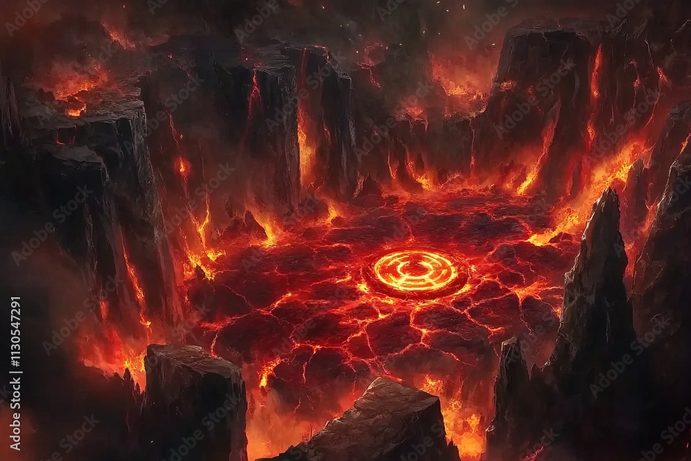 Interior View of a Lava-Filled Pit in Dark Fantasy Setting. AI ...